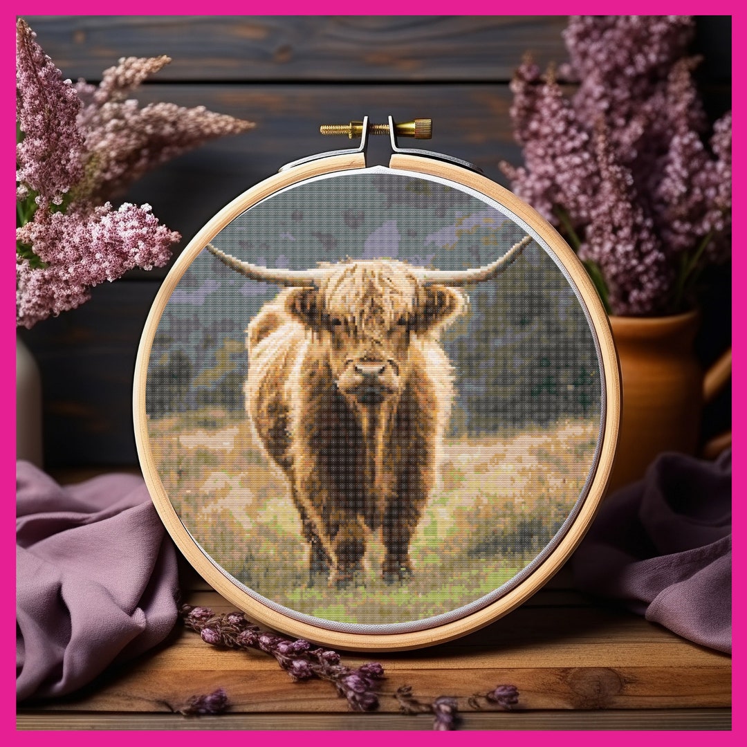 Highland Cow Cross Stitch Patterns, Flower Field, Gift for the Highland ...