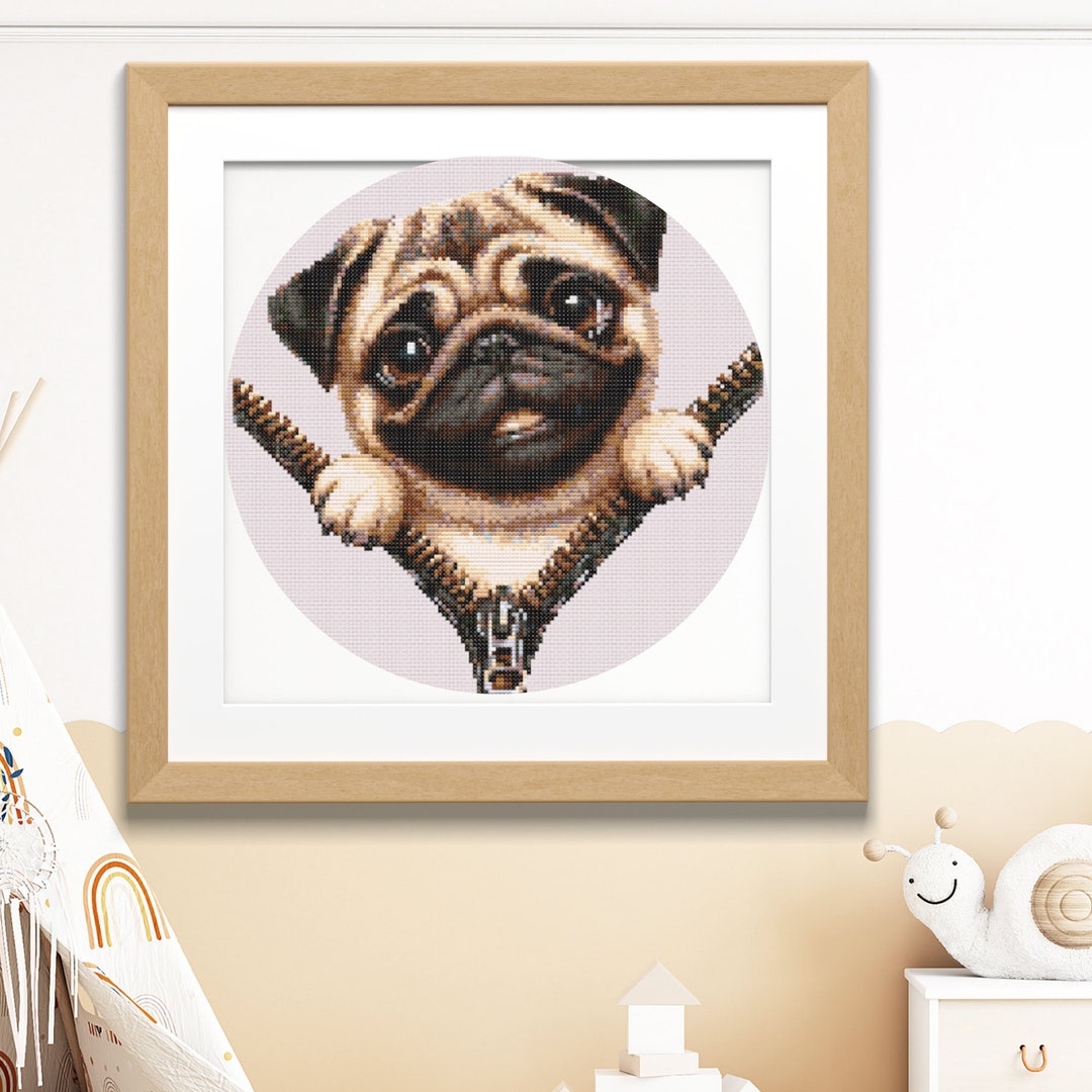 Cross Stitch Pattern - Pug Puppy Peaking Out From a Zipper - DIY Cross ...