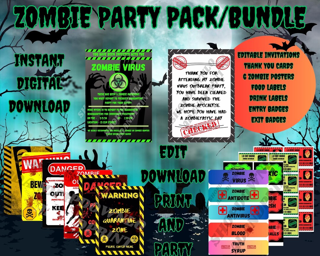 Halloween Zombie Invitation Pack,instant Download,editable Invitation ...