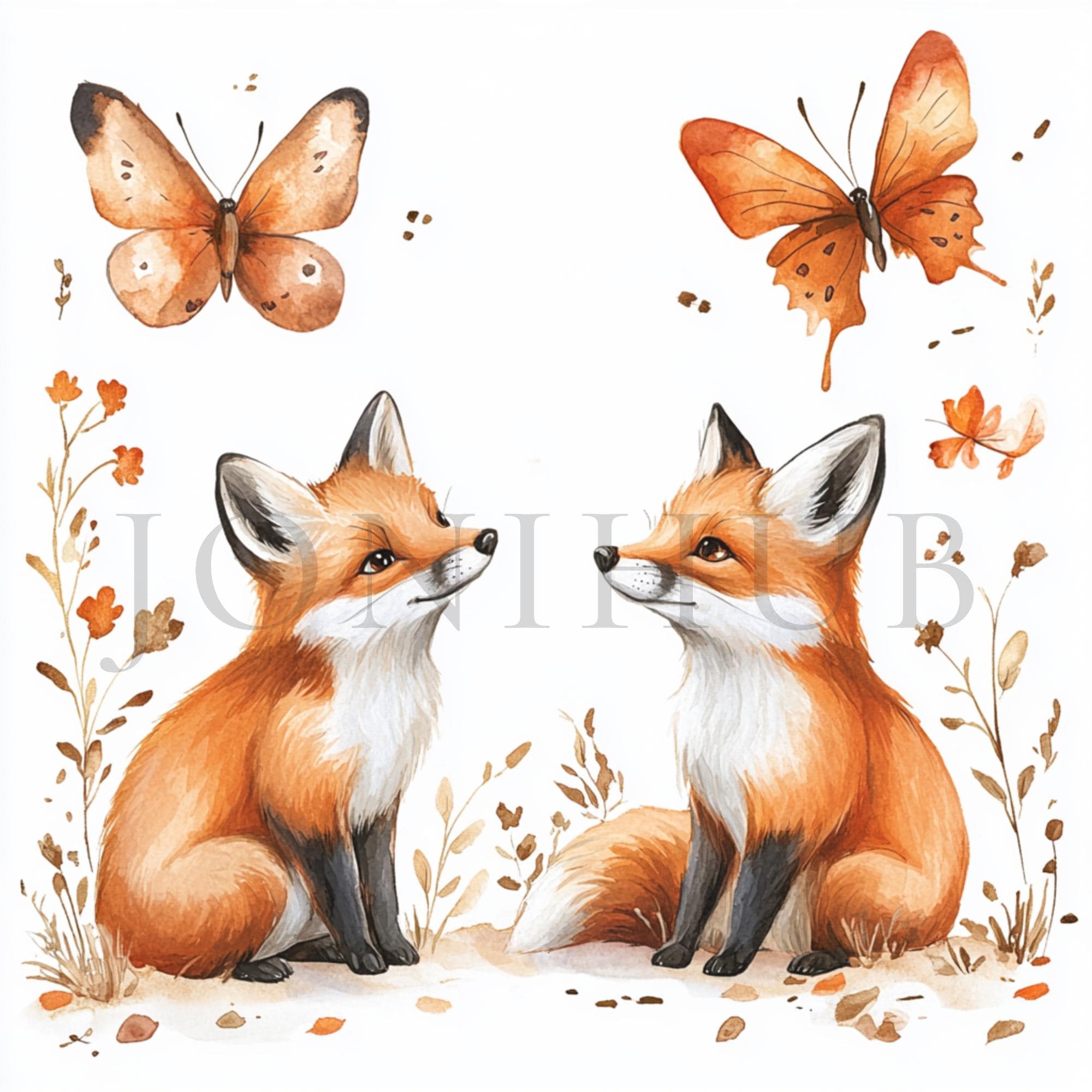 7 Fox and Butterfly Clipart, Cute Fox Baby, Printable Watercolor ...