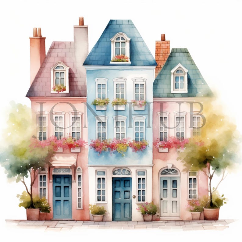Cute Townhouse Watercolor 10 High Quality Jpg's Digital Download ...