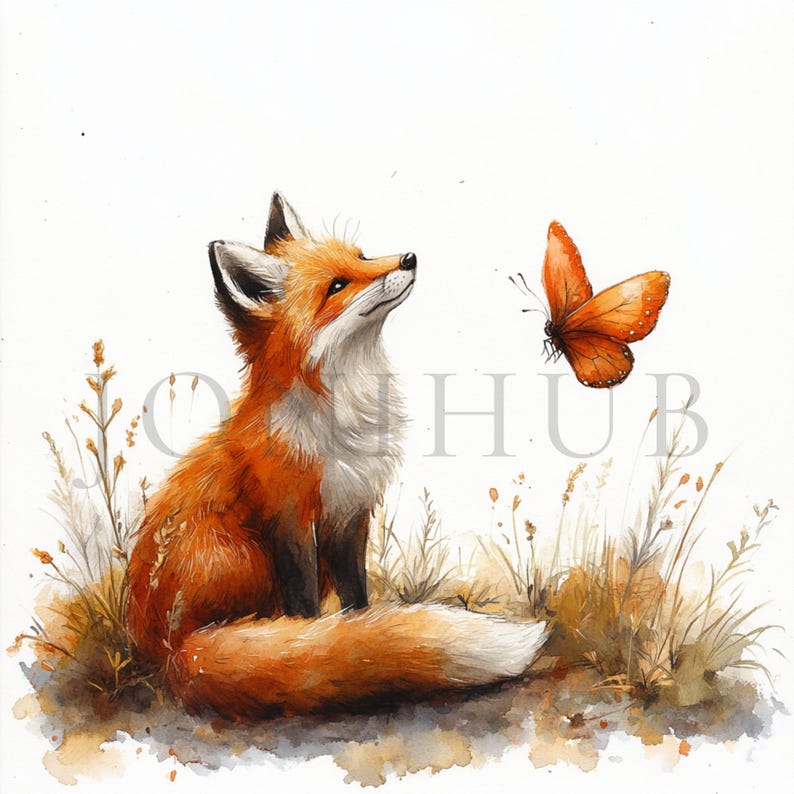 7 Fox and Butterfly Clipart, Cute Fox Baby, Printable Watercolor ...