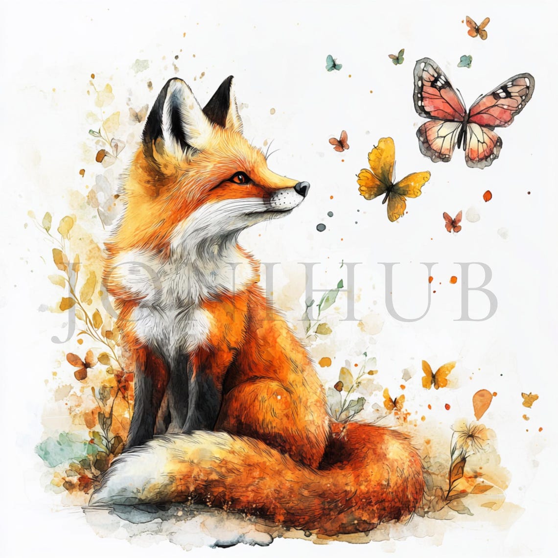7 Fox and Butterfly Clipart, Cute Fox Baby, Printable Watercolor ...