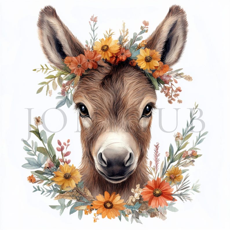 Watercolor Floral Donkeys Clipart | 10 High Quality Jpgs | Digital ...