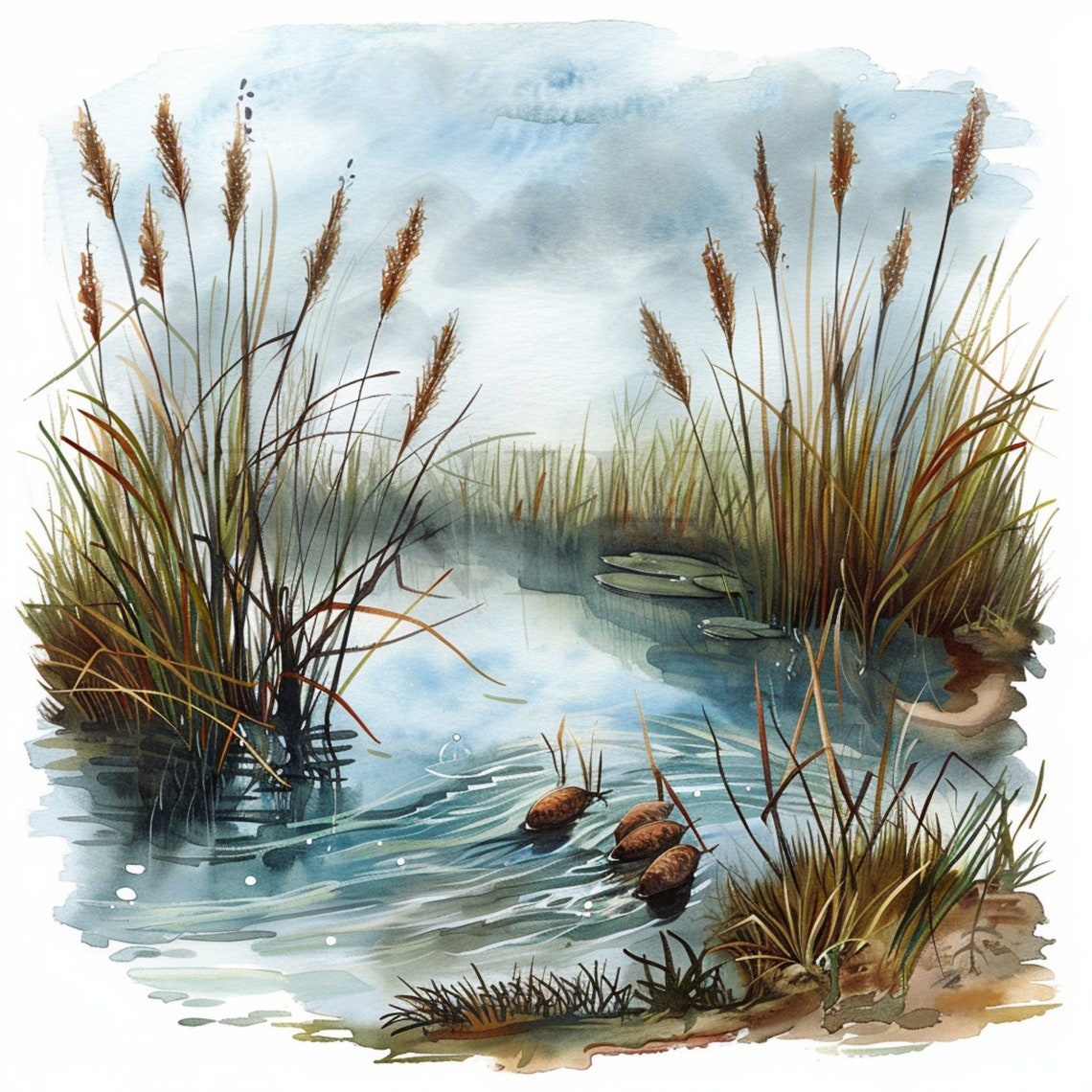 Cattails and Reeds in Water Pond Clipart | 10 High Quality Jpgs ...