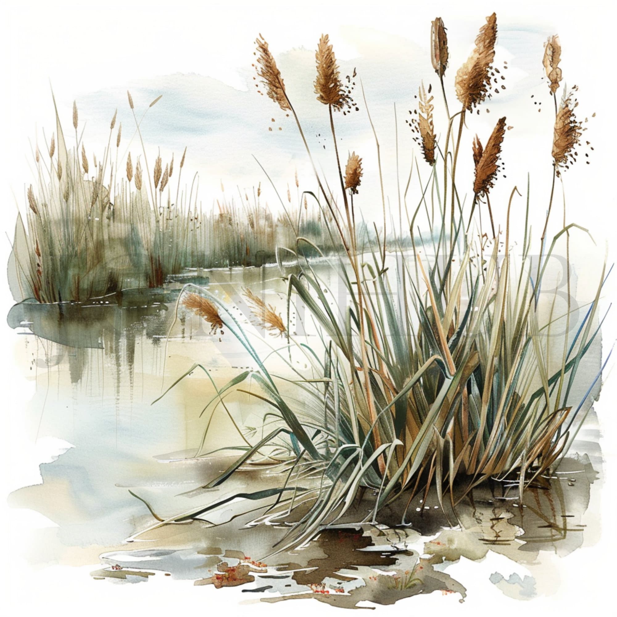 Watercolor Cattails and Reeds in Water Pond Clipart | 10 High Quality ...