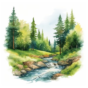 Forest Clipart, Forest River Clipart, 10 High Quality Jpgs, Watercolor ...