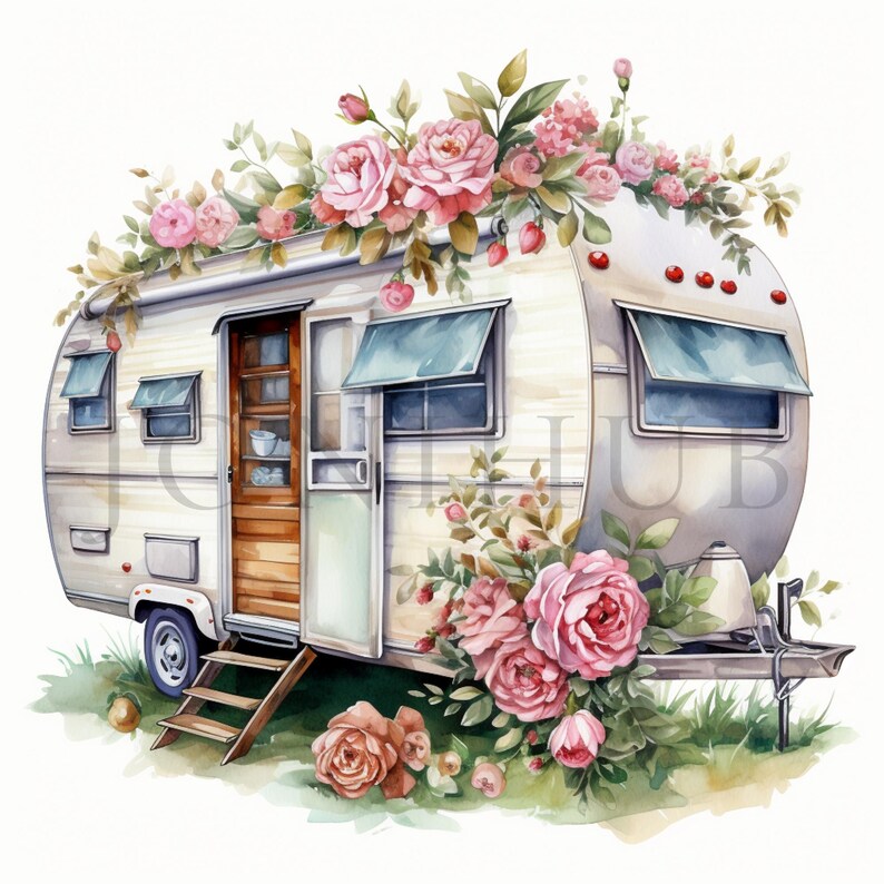 Floral Camping Trailer Clipart | 10 High Quality Jpgs | Digital ...
