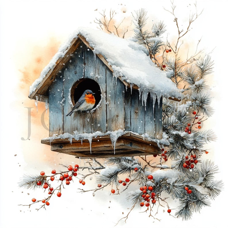 Winter Birdhouse Clipart | 8 High Quality Jpgs | Instant Digital ...