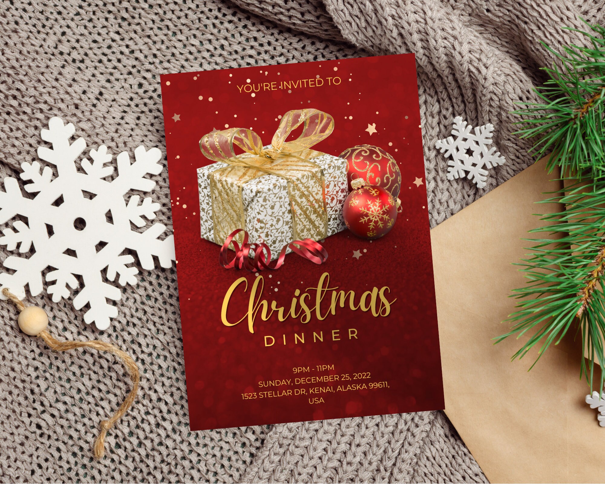 Red Gold Modern Christmas Dinner Invitation, Christmas Cards, Holiday ...