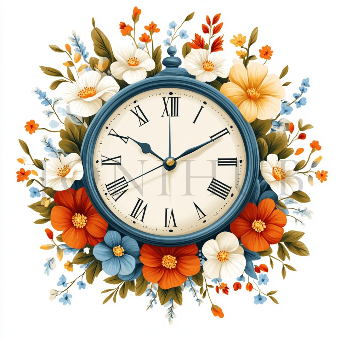 Floral Clock Clipart | 10 High Quality Jpgs | Instant Digital Download ...