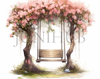 Swing in Pink Tree Clipart Bundle, Floral Swing, Blossom Trees ...