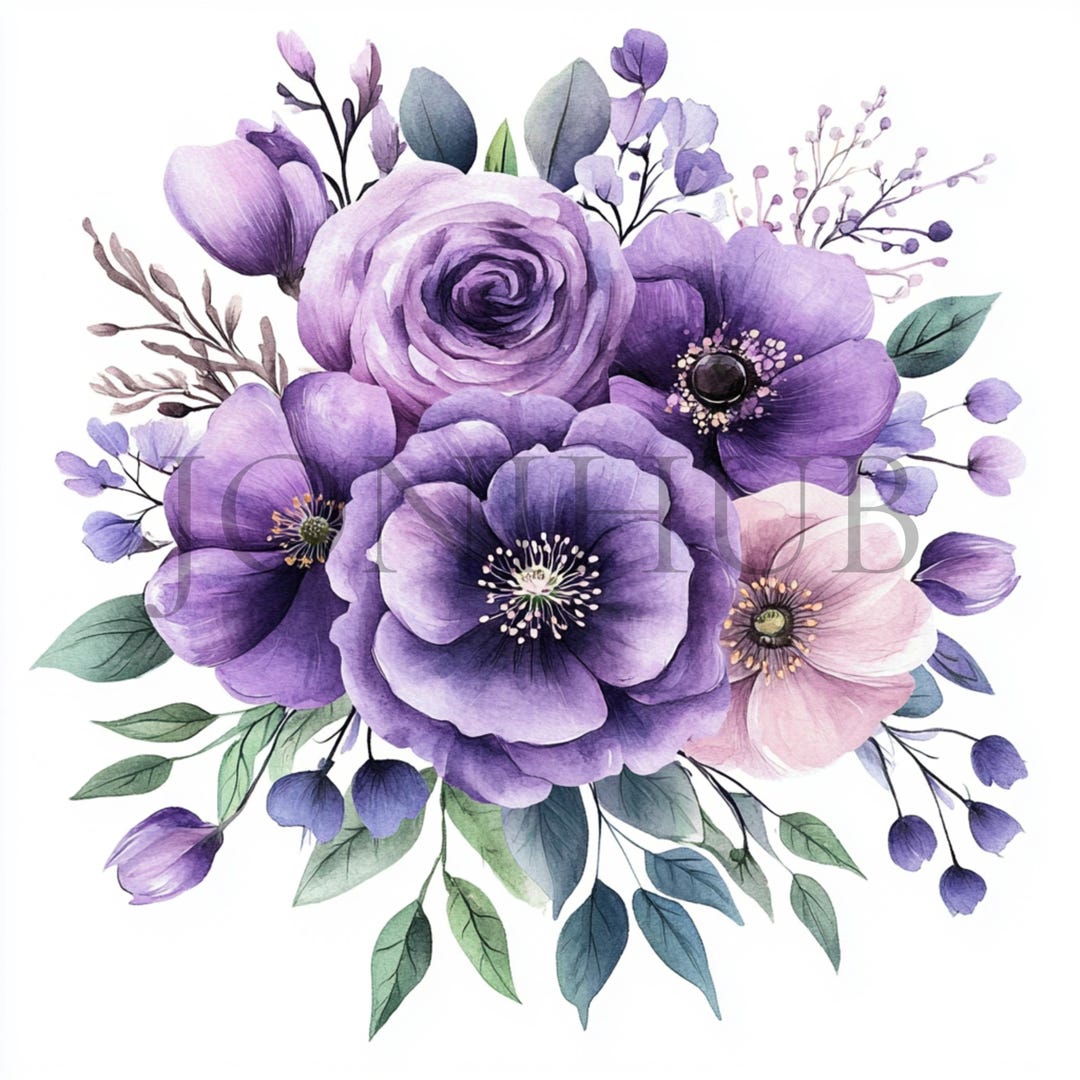 Purple Flowers Bouquet Clipart | 10 High Quality Jpg's | Digital ...