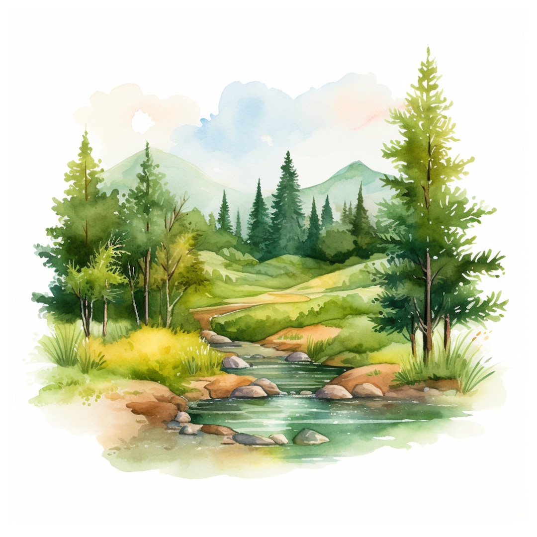 Forest Clipart, Forest River Clipart, 10 High Quality Jpgs, Watercolor ...