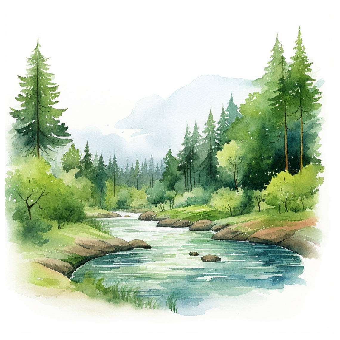 Forest Clipart, Forest River Clipart, 10 High Quality Jpgs, Watercolor ...