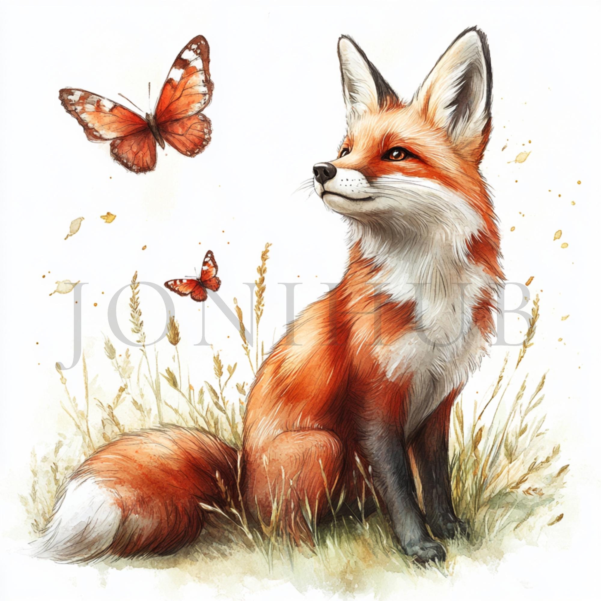 7 Fox and Butterfly Clipart, Cute Fox Baby, Printable Watercolor ...