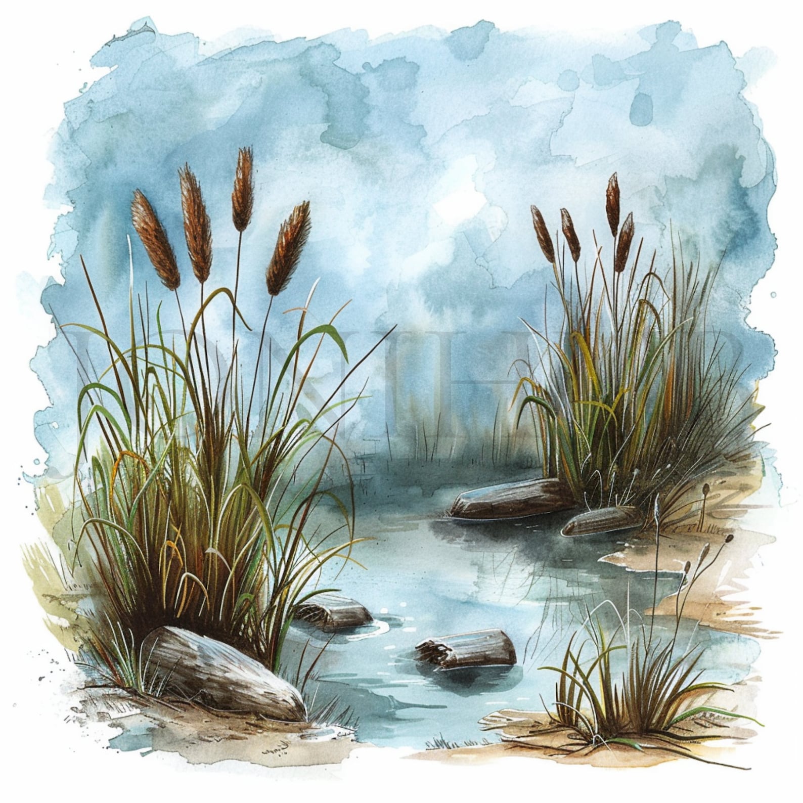Cattails and Reeds in Water Pond Clipart 10 High Quality Jpgs Instant ...