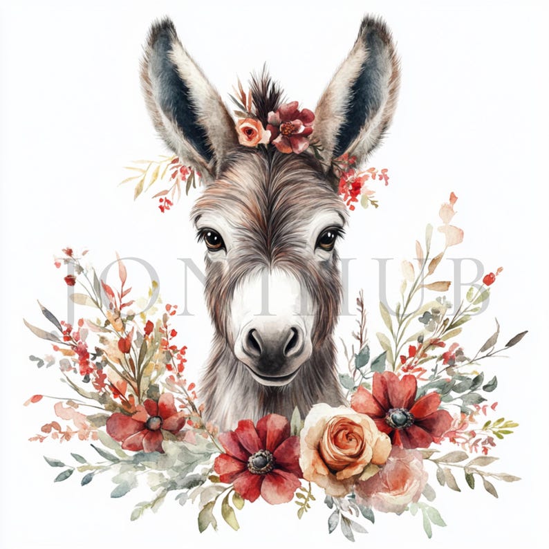 Watercolor Floral Donkeys Clipart | 10 High Quality Jpgs | Digital ...