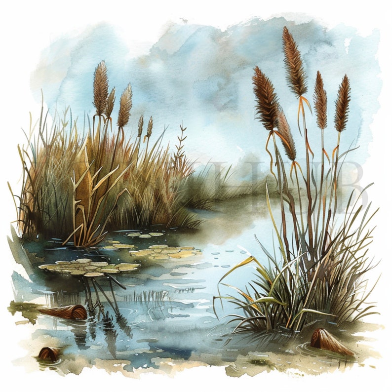 Cattails and Reeds in Water Pond Clipart | 10 High Quality Jpgs ...
