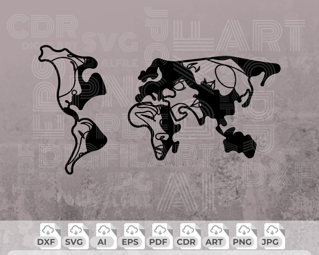 Face World Map Dxf File, Line Art Map Svg, Woman Face Png, World Map ...