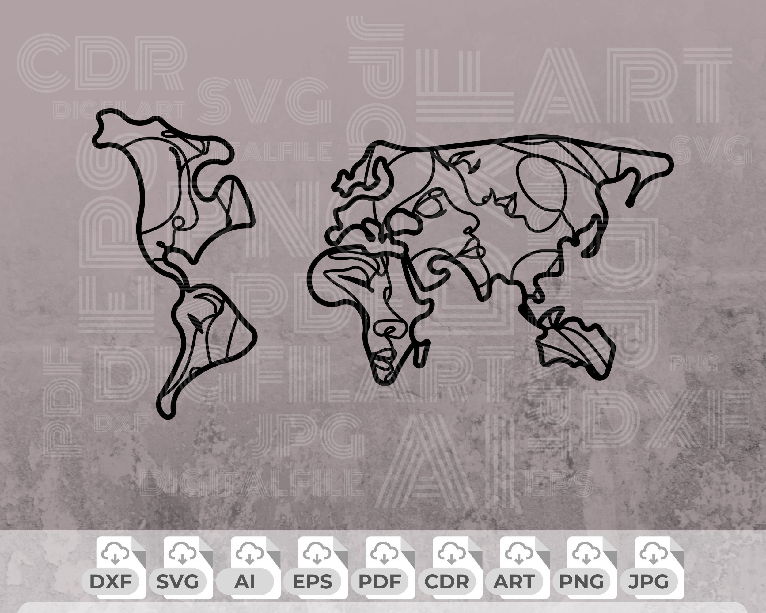 Face World Map Dxf File, Line Art Map Svg, Woman Face Png, World Map ...