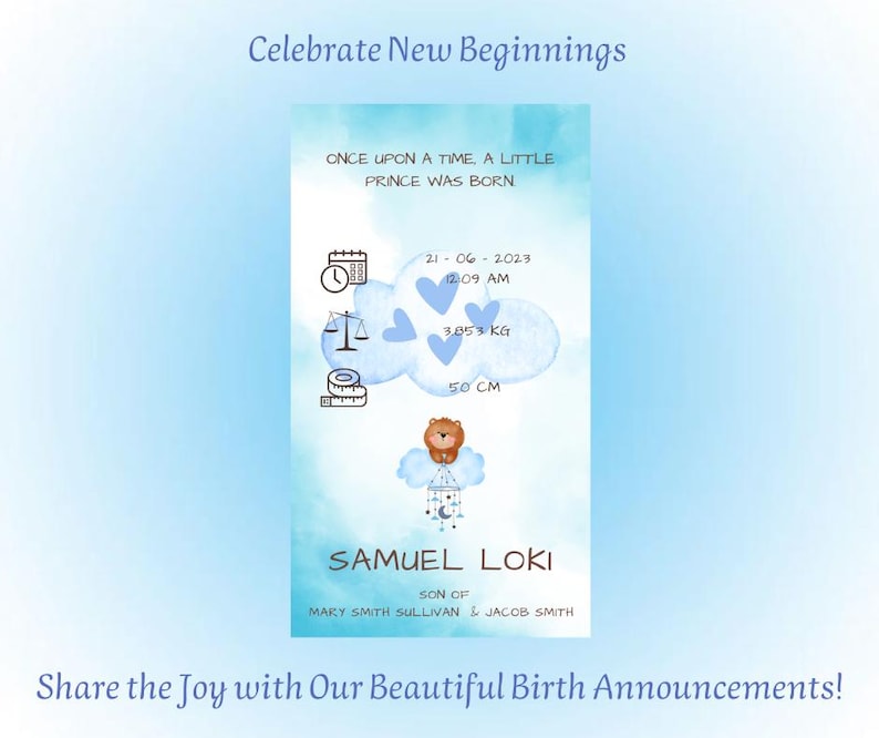 CUSTOM Birth Card | Birth Announcement | It's A Boy | Baby Blue Clouds ...
