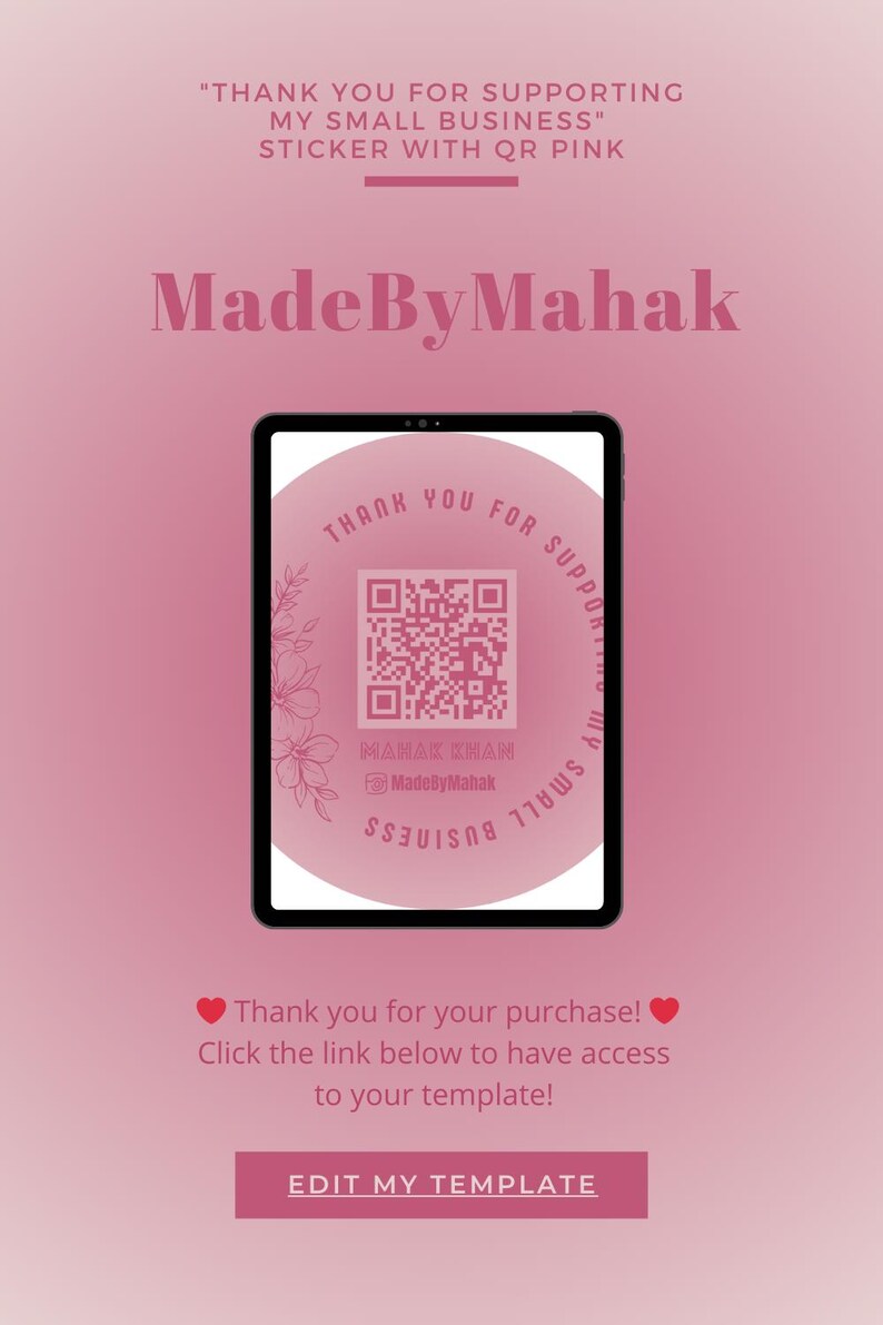 Pink QR Code Thank You Sticker Template | Editable Small Business Label ...