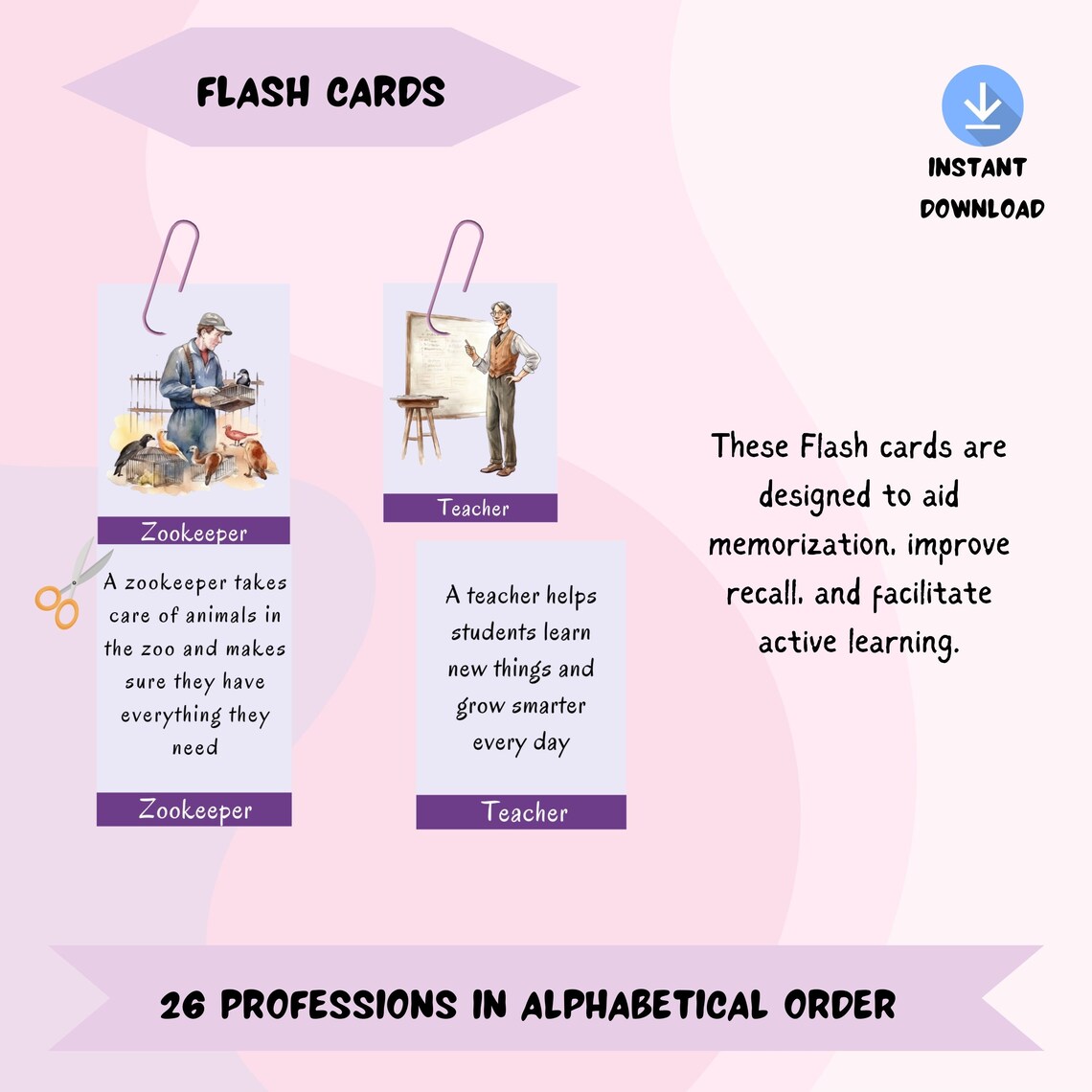 Professions Flash Cards, Learning Flash Cards, Toddler Watercolor Flash ...
