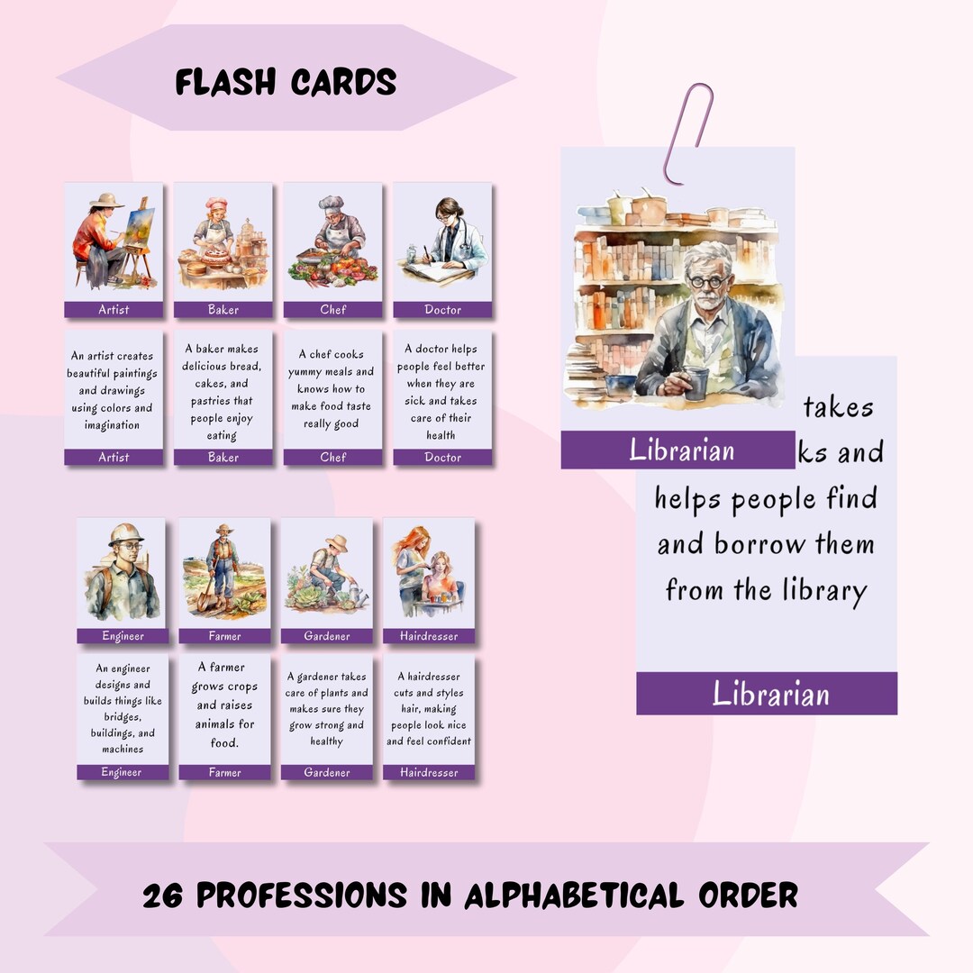 Professions Flash Cards, Learning Flash Cards, Toddler Watercolor Flash ...