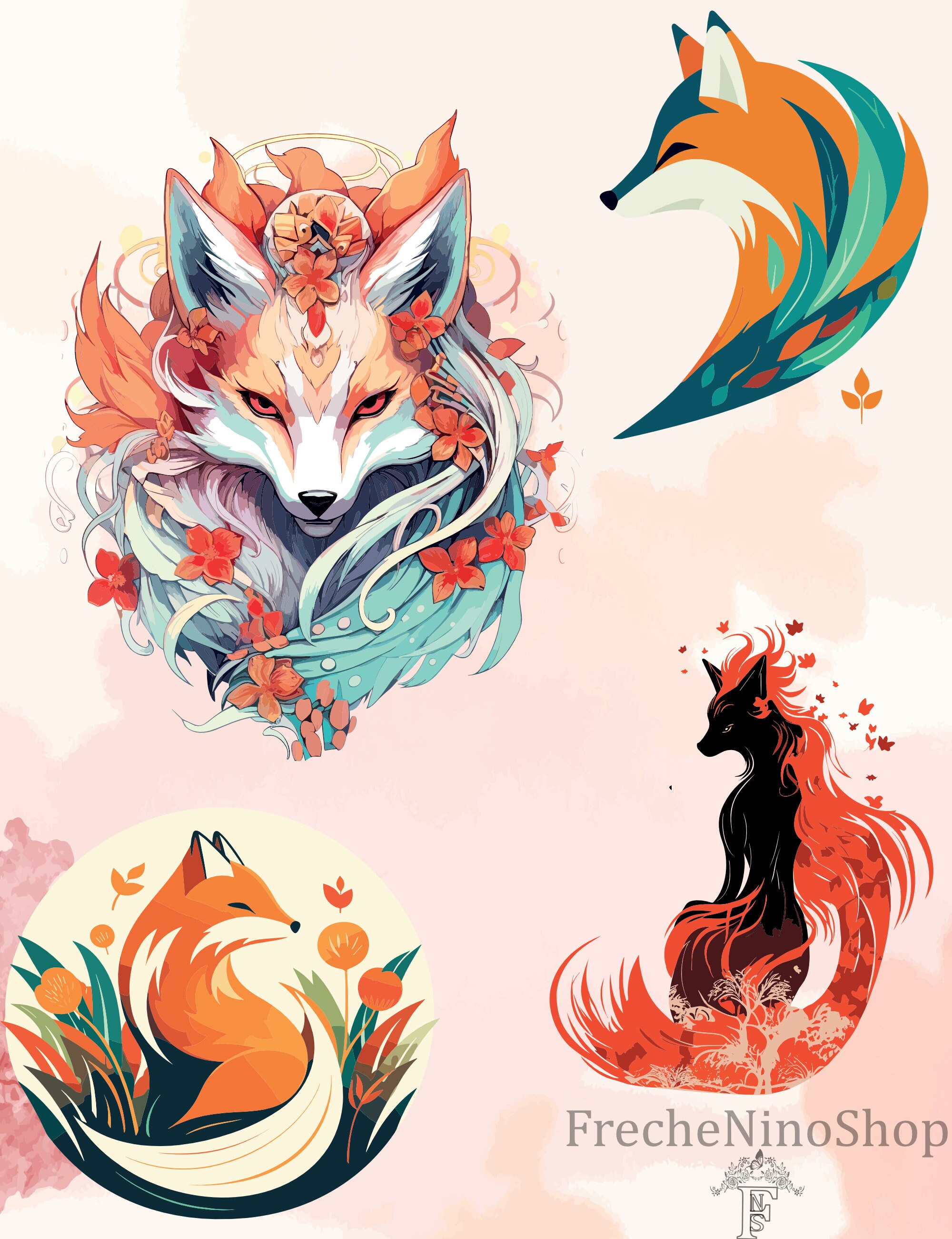 Kitsune Bundle Svg Japanese Fox Svg Floral Fox Svg Anime Fox Png Fox ...