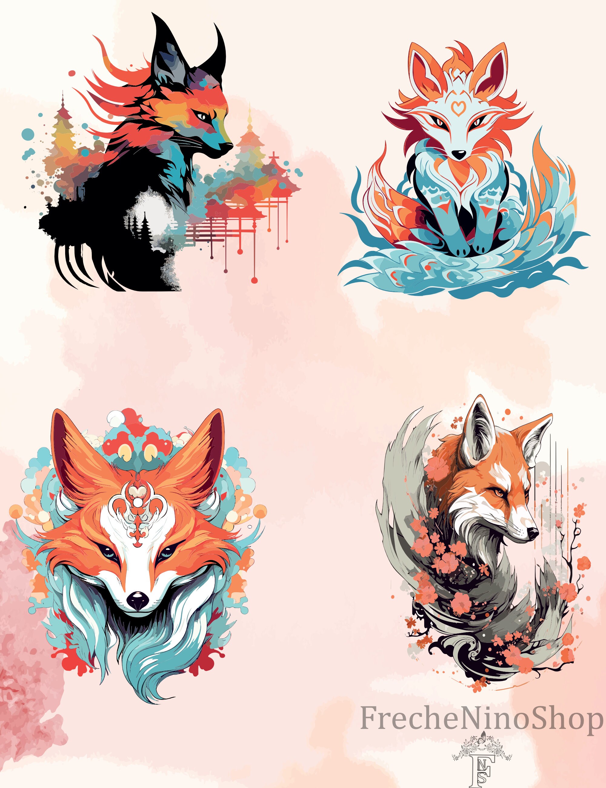 Kitsune Bundle Svg Japanese Fox Svg Floral Fox Svg Anime Fox Png Fox ...