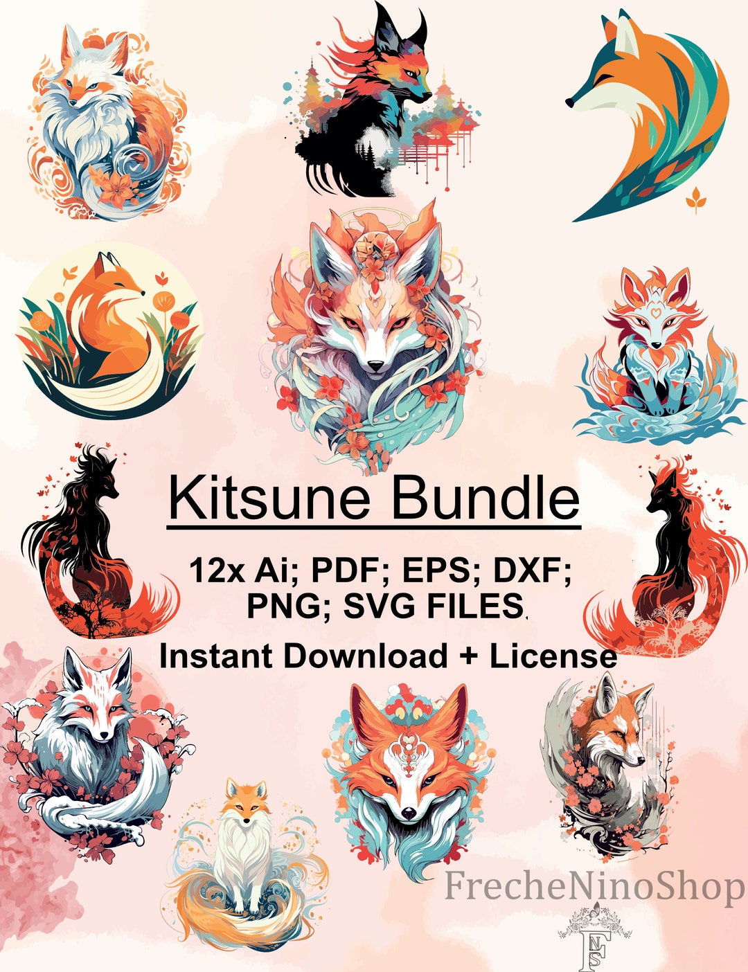 Kitsune Bundle Svg Japanese Fox Svg Floral Fox Svg Anime Fox Png Fox ...