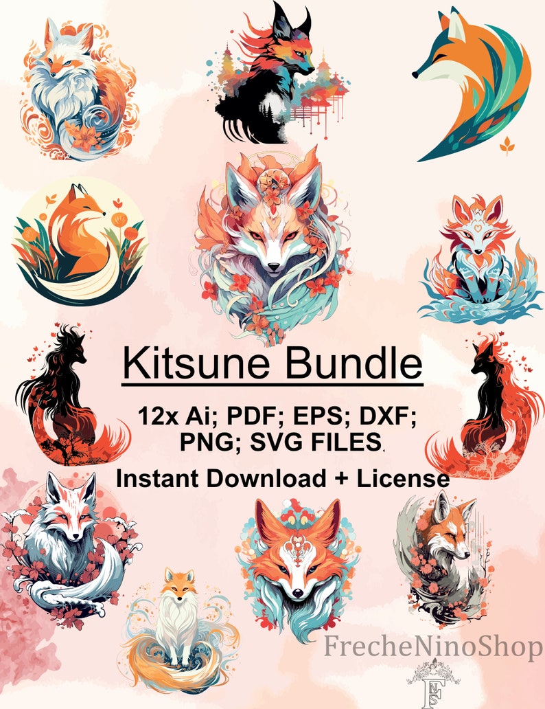 Kitsune Bundle Svg Japanese Fox Svg Floral Fox Svg Anime Fox Png Fox ...