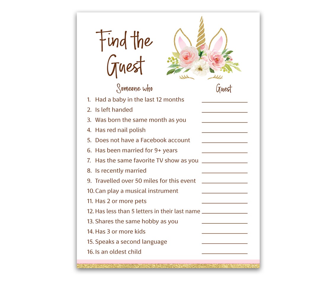 PRINTED UNICORN Baby Shower Game, Find the Guest — Set of 25 — Cute ...
