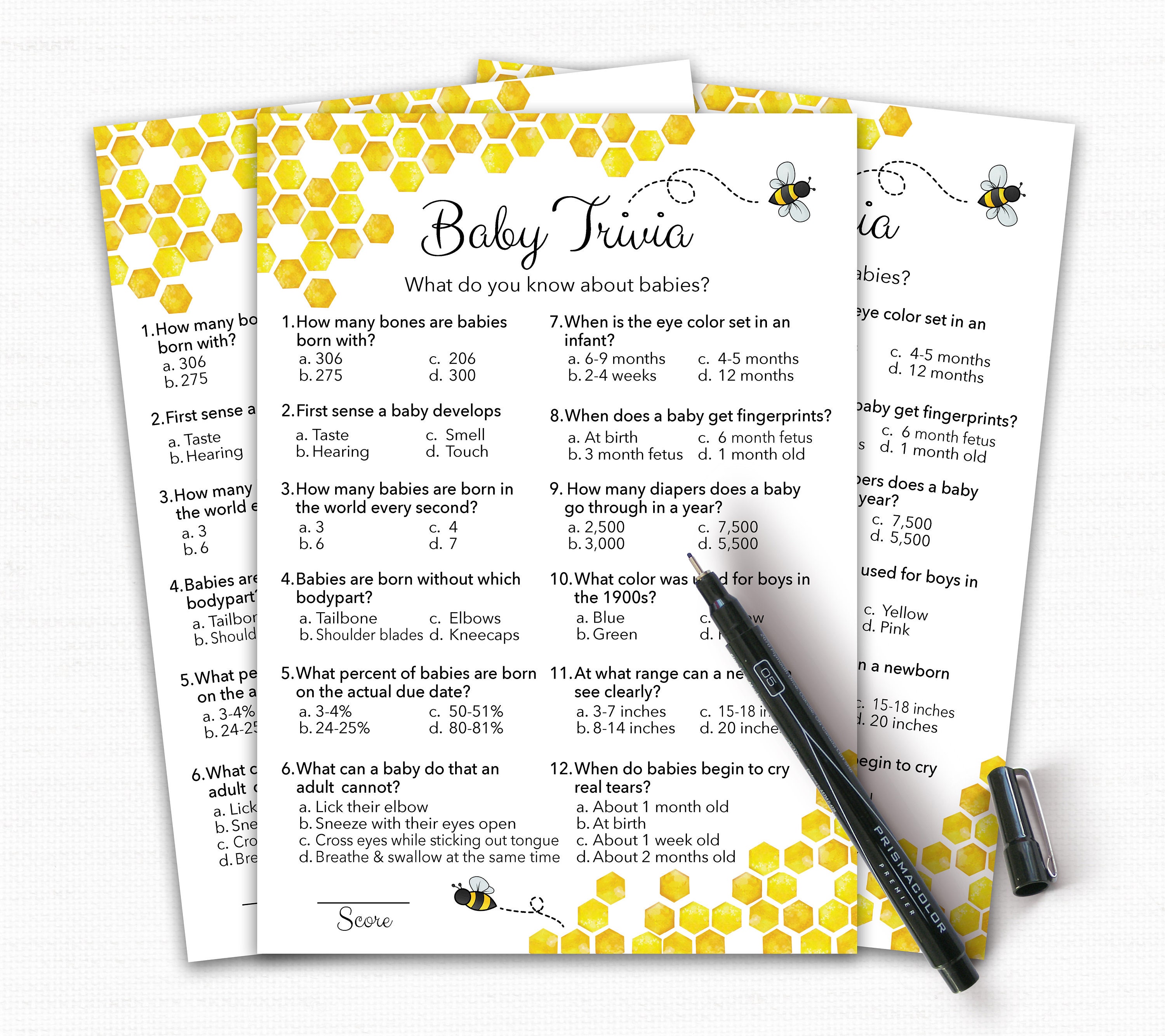 PRINTED Bee Baby Shower Games, Baby Trivia Game — Set of 25 — Mommy to ...