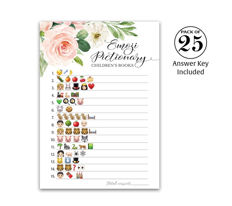PRINTED Pink Flower Emoji Baby Shower Game — Set of 25 — Pictionary ...
