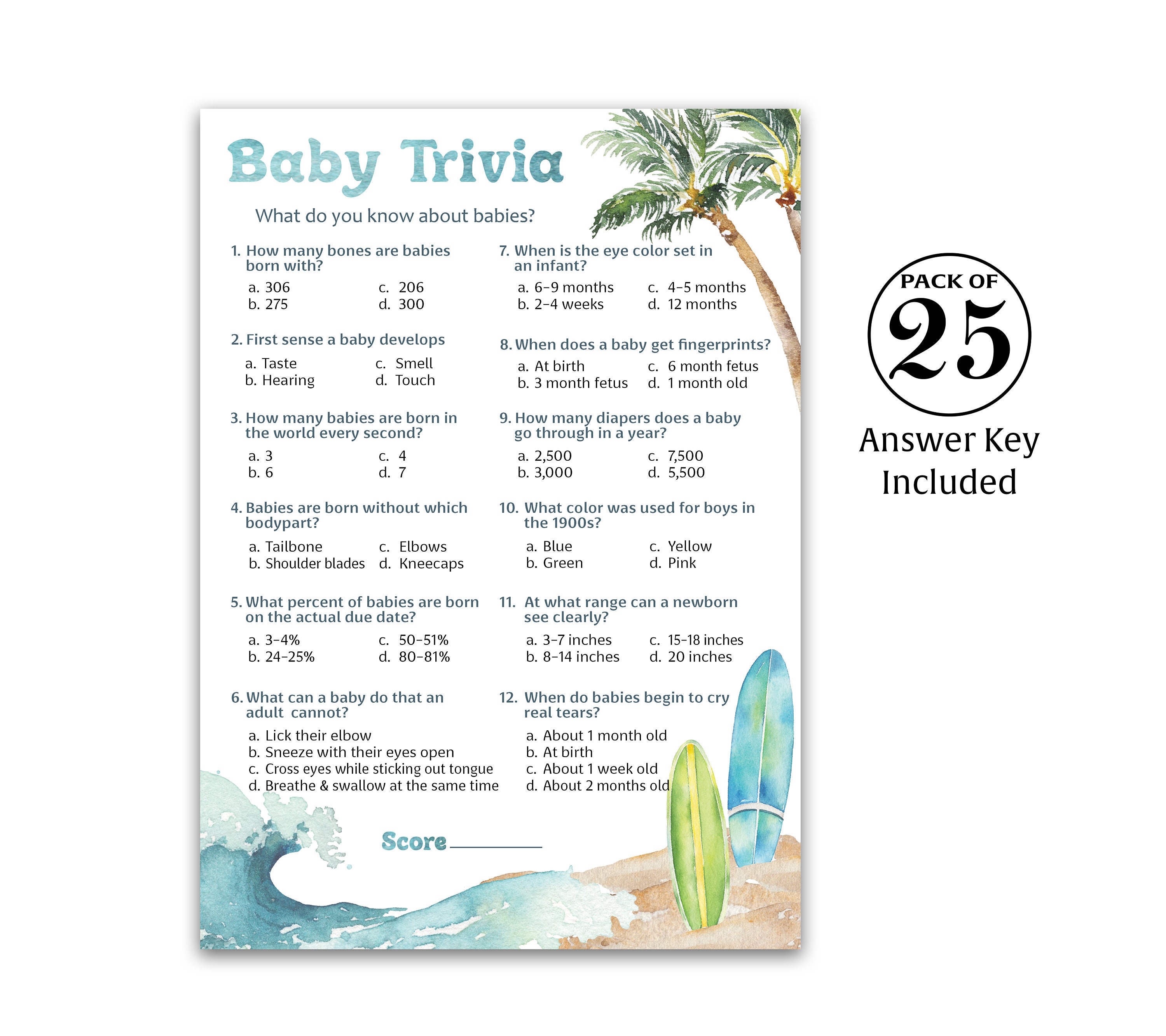 PRINTED Beach SURF Theme Baby Shower Games, Baby Trivia Game — Set of ...