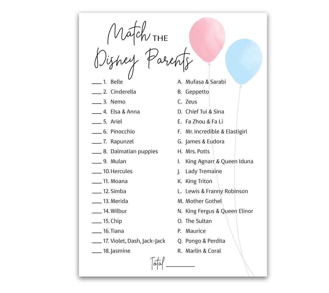 PRINTED Balloons Blue or Pink Disney Parents Match Games Activity set ...