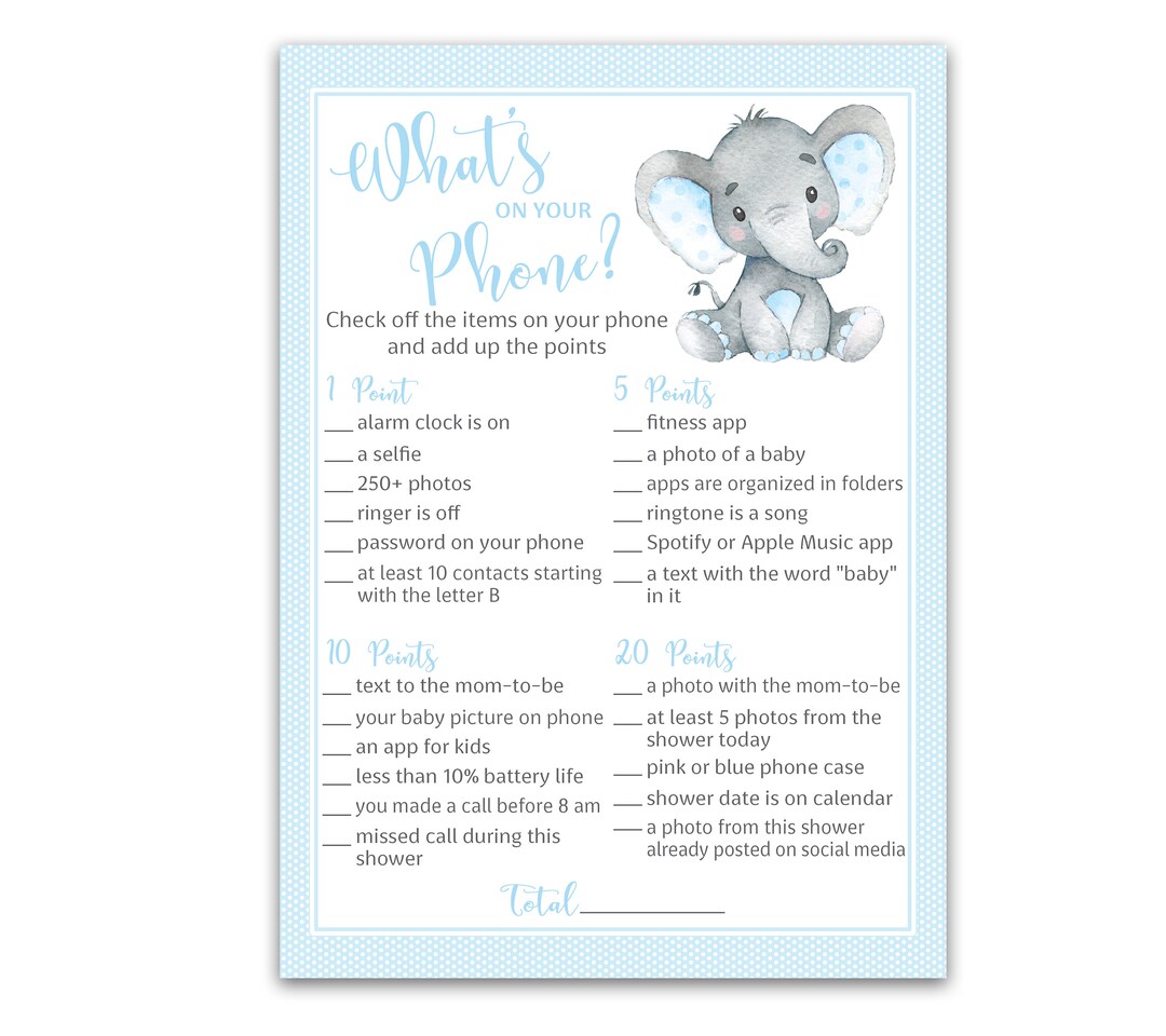 PRINTED BLUE Elephant Baby Shower Game Whats on You Phone Game Set of ...