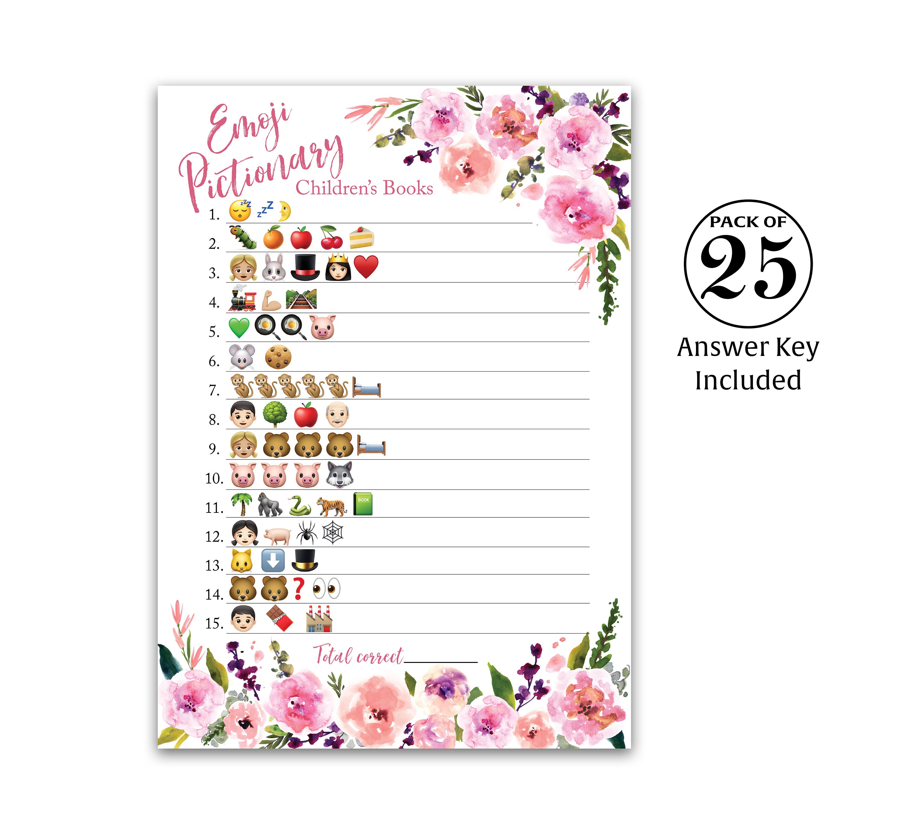 PRINTED Pink Flower Emoji Baby Shower Game — Set of 25 — Pictionary ...