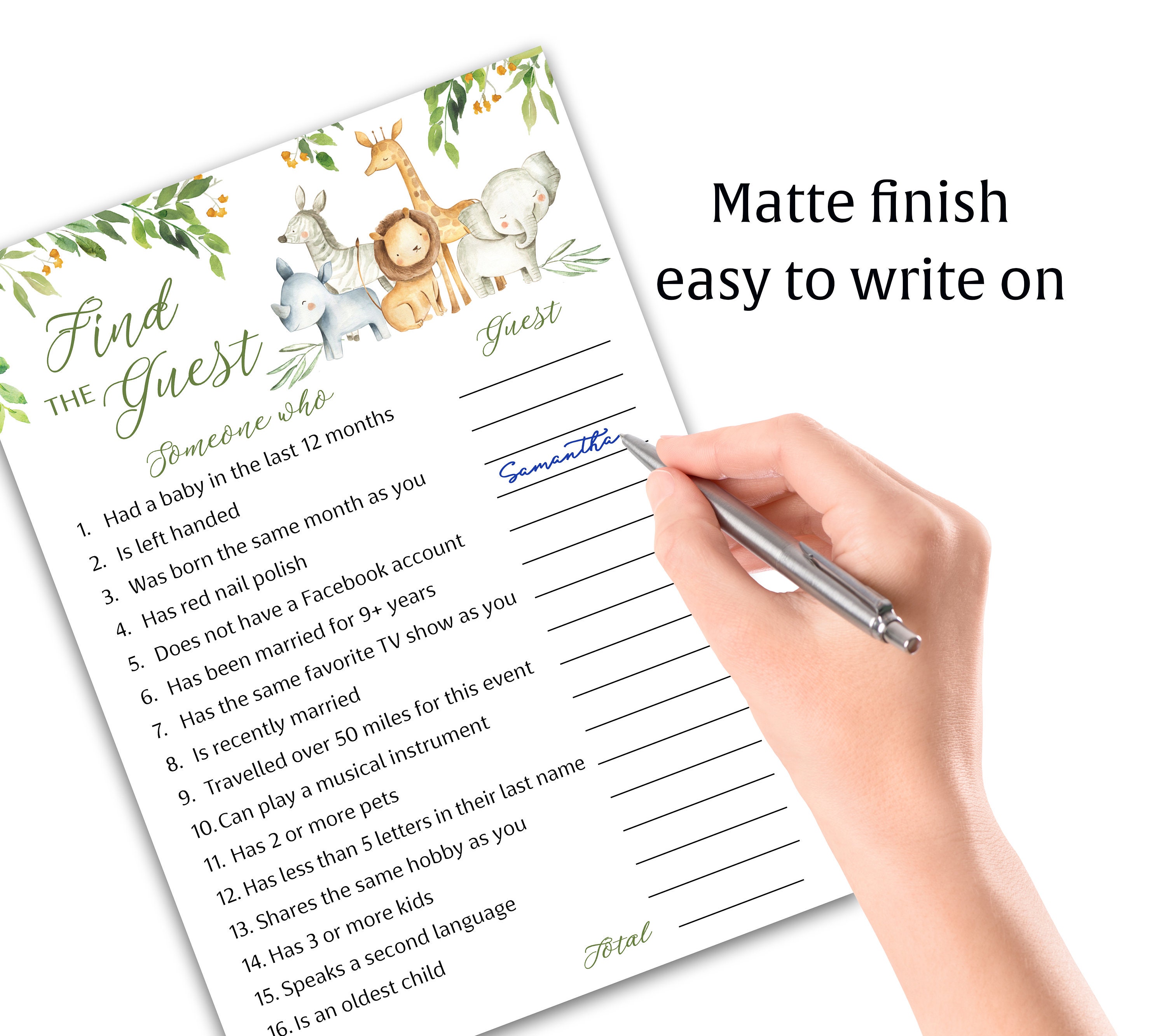 PRINTED Safari Animal Baby Shower Game, Find the Guest Set of 25 Cute ...