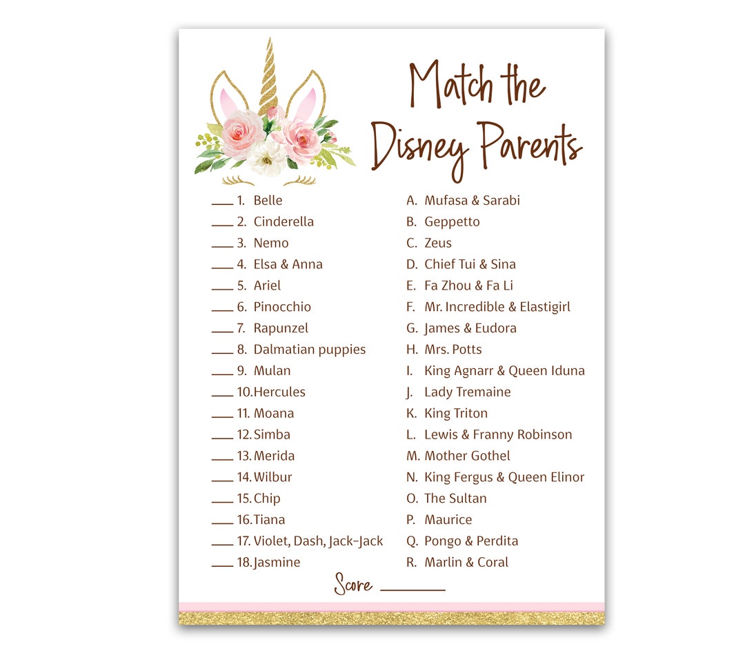 PRINTED UNICORN Disney Parents Match Games Activity -set of 25 -magical ...