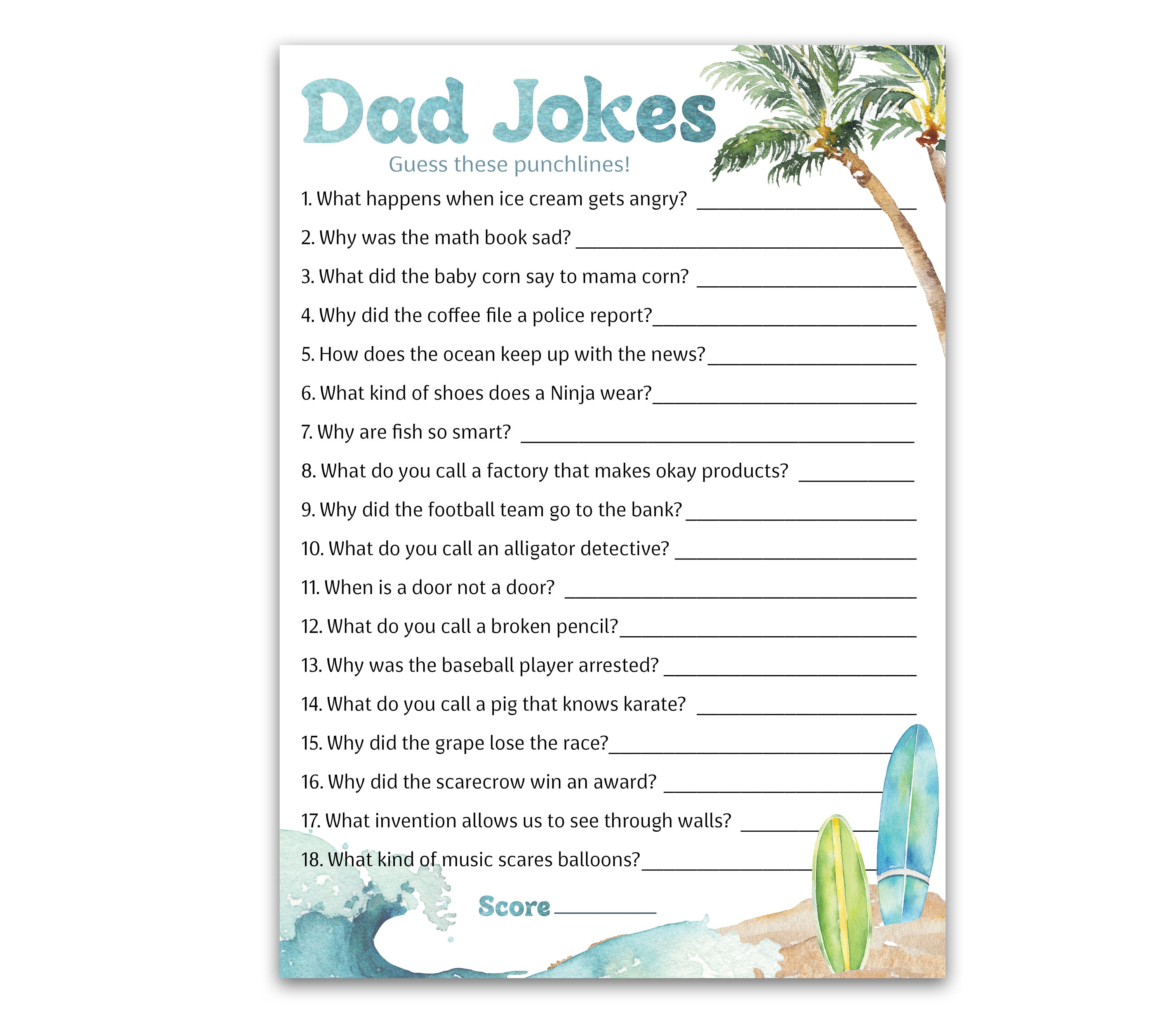 PRINTED BEACH Surf Dad Jokes Games — Set of 25 — Funny Daddy Jokes ...