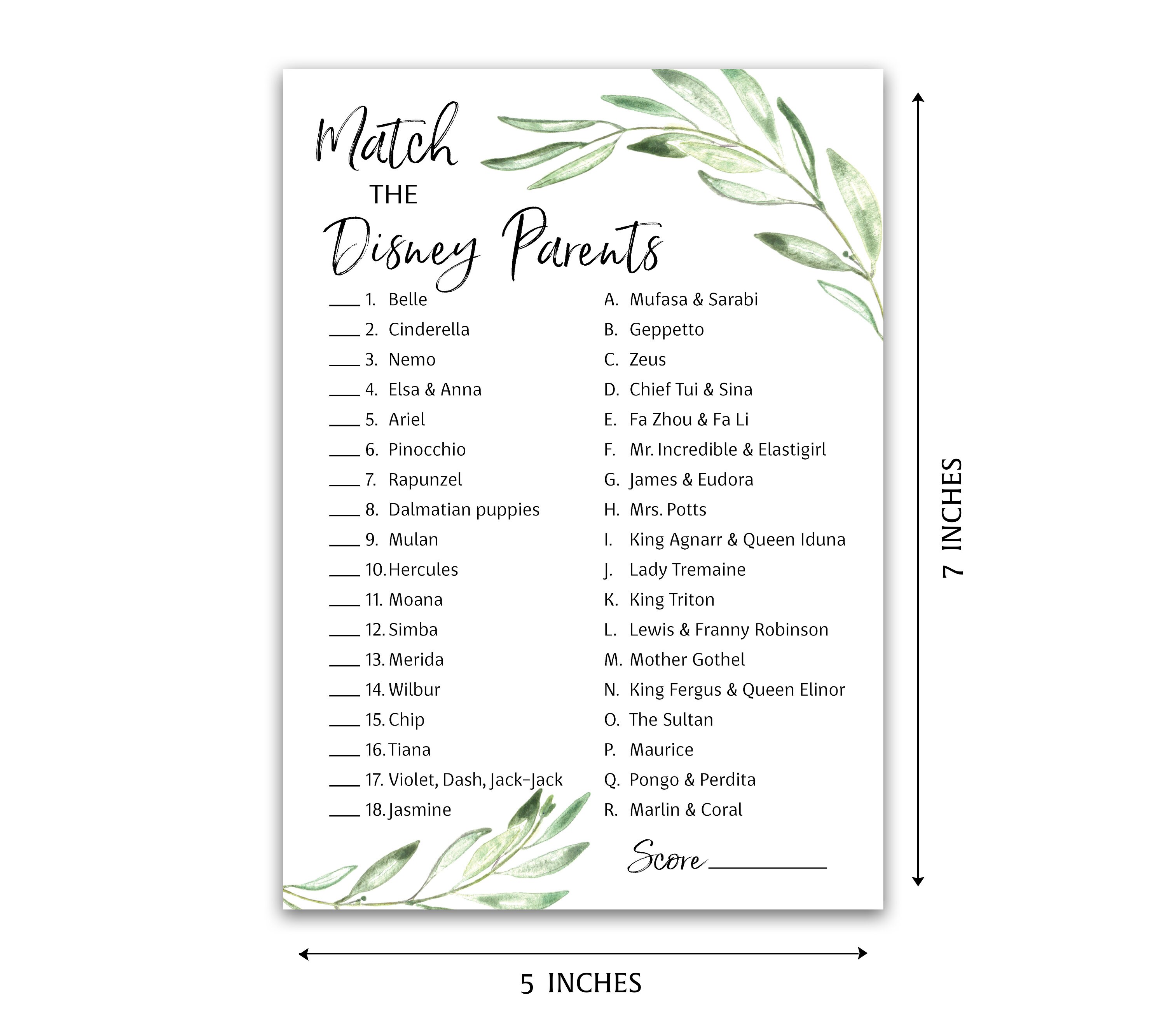 PRINTED Greenery Baby Shower Game — Disney Parent Match Baby Shower ...