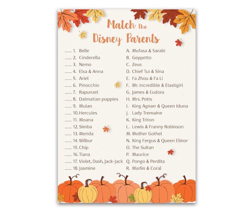 PRINTED PUMPKINS Baby Shower Game — Disney Parent Match Baby Shower ...