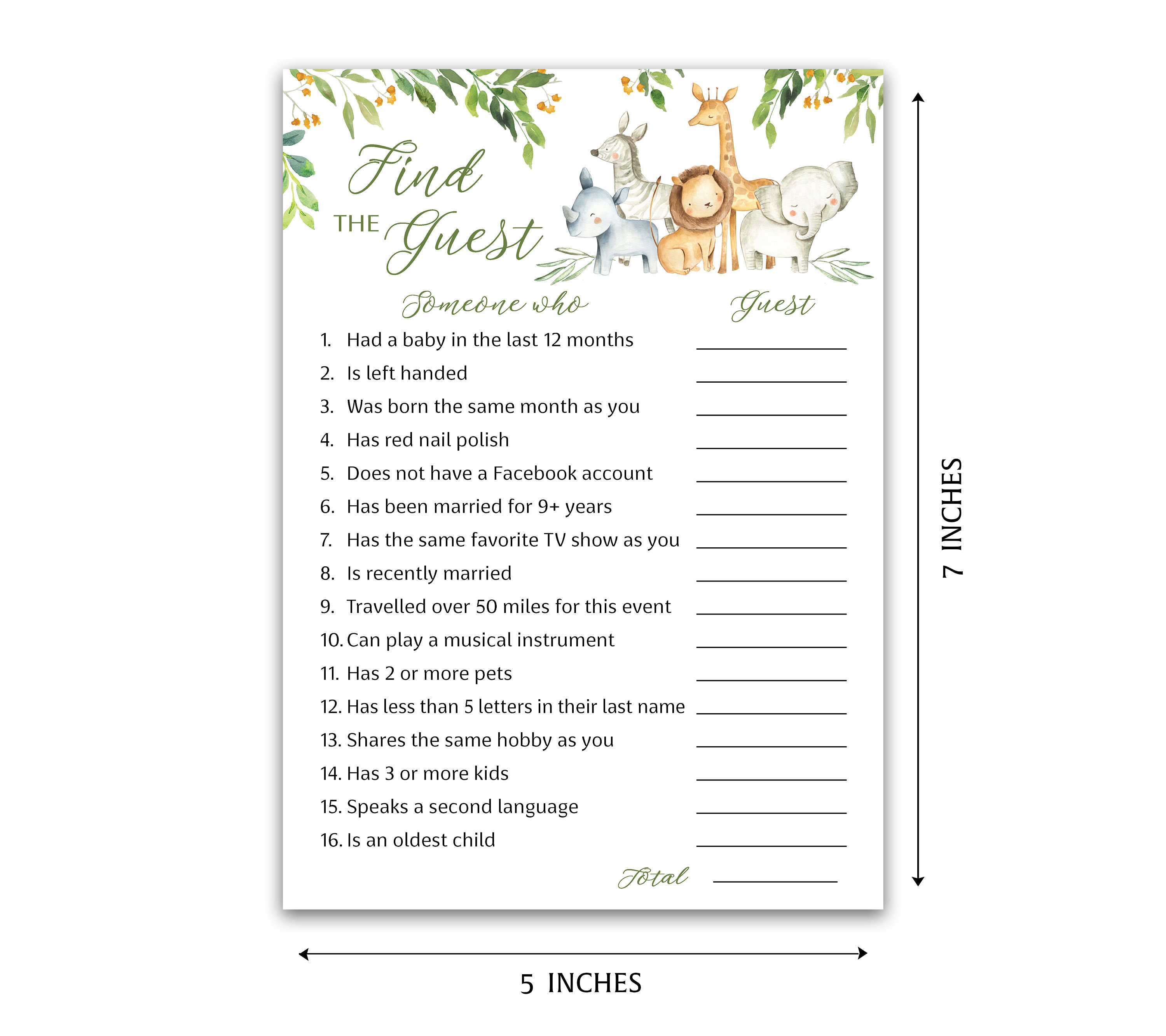 PRINTED Safari Animal Baby Shower Game, Find the Guest Set of 25 Cute ...