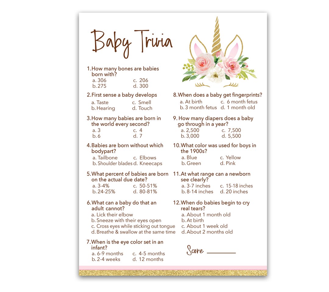 PRINTED UNICORN Baby Shower Games — Baby Trivia Games — Set of 25 ...