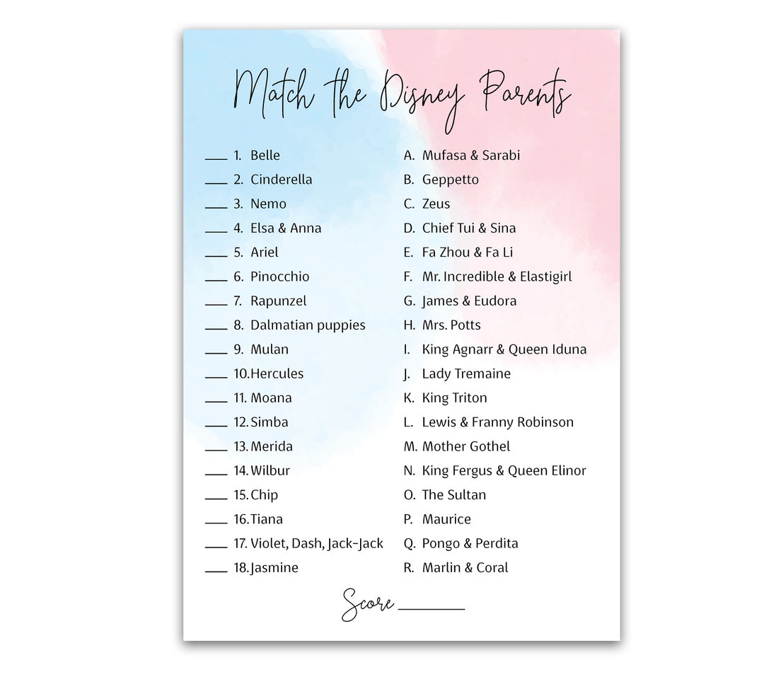 PRINTED Pink Blue Baby Shower Game — Disney Parent Match Baby Shower ...