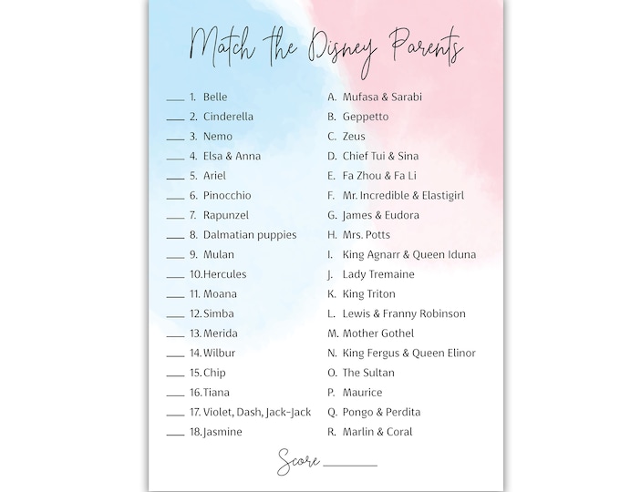 PRINTED Pink Blue Baby Shower Game — Disney Parent Match Baby Shower ...
