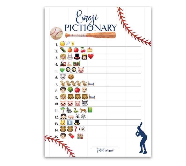 PRINTED Baseball Emoji Baby Shower Game Set of 25 Pictionary Children's ...
